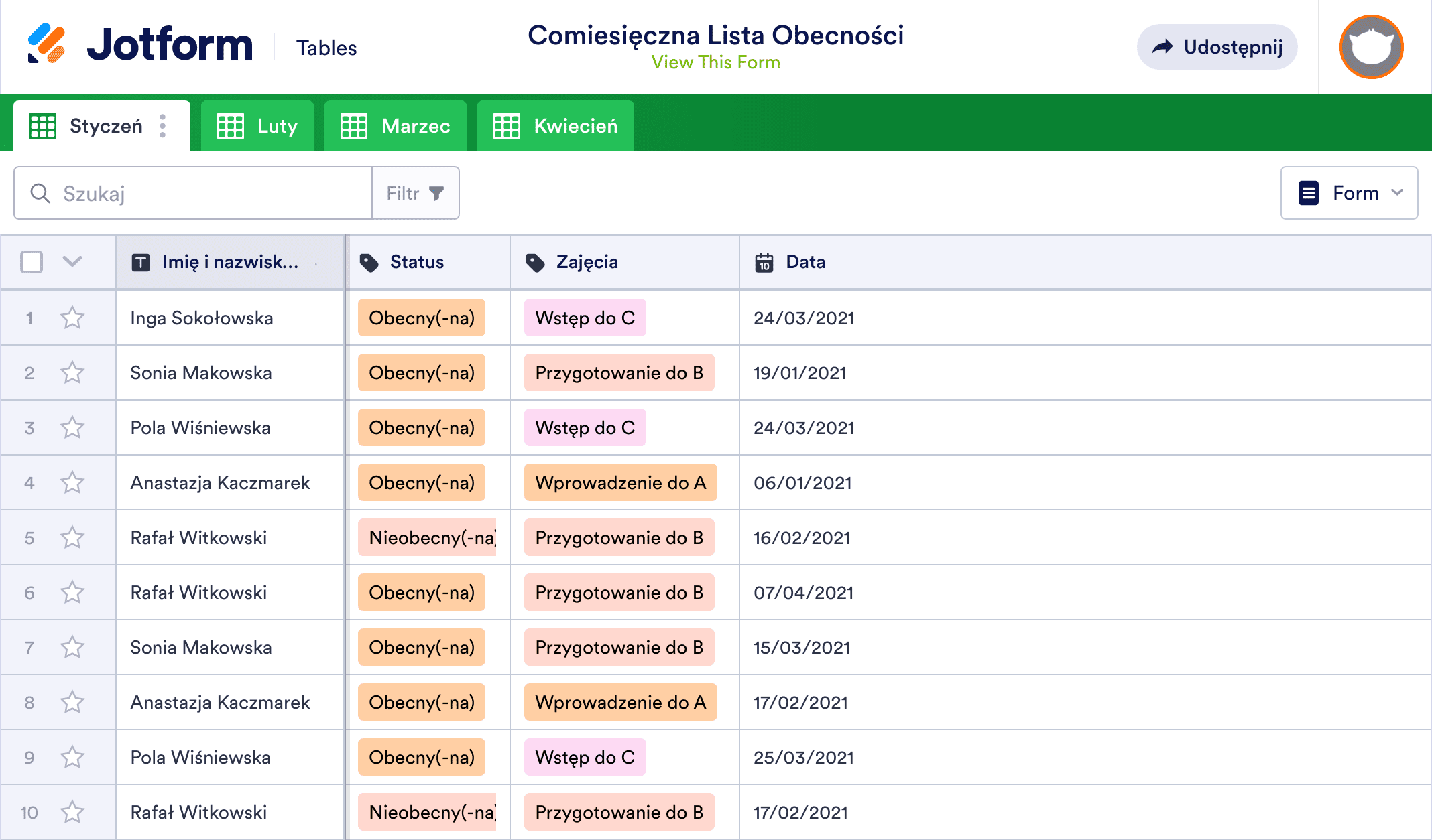 Comiesięczna Lista Obecności Szablon | Jotform Tables