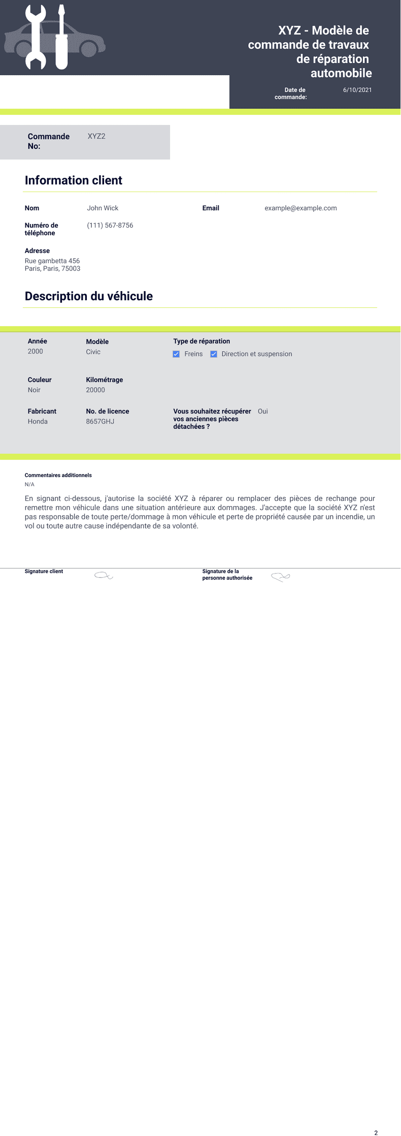 Commande de travail de réparation automobile - Modèles de PDF | Jotform