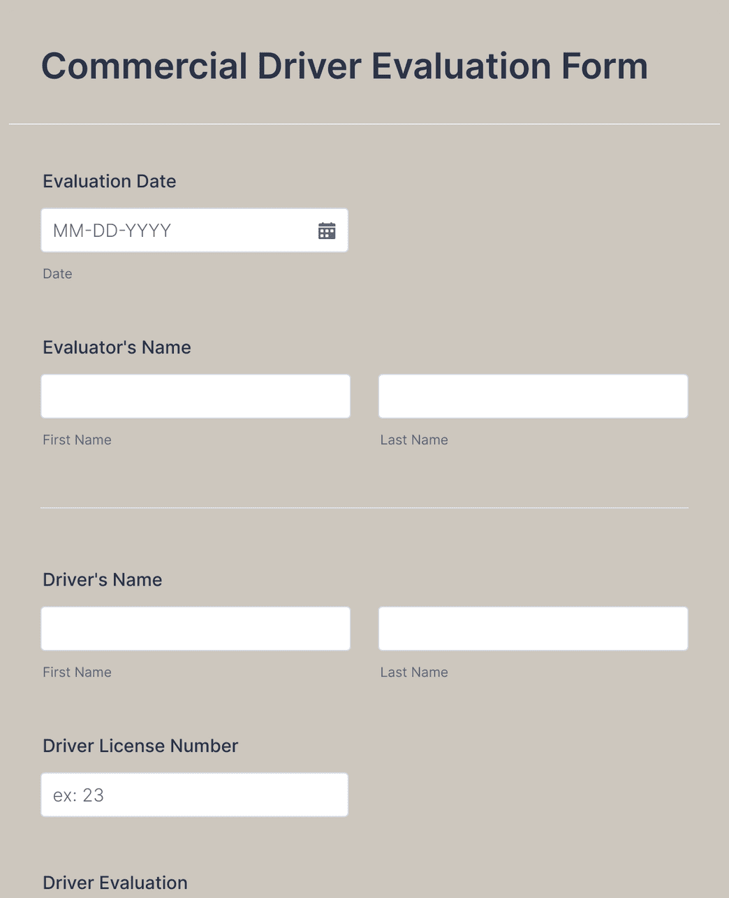 Commercial Driver Evaluation Form Template | Jotform