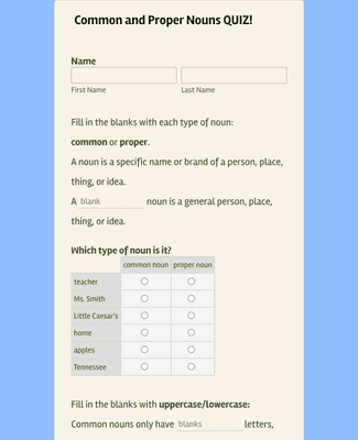 Common and Proper Nouns Quiz Form Template | Jotform
