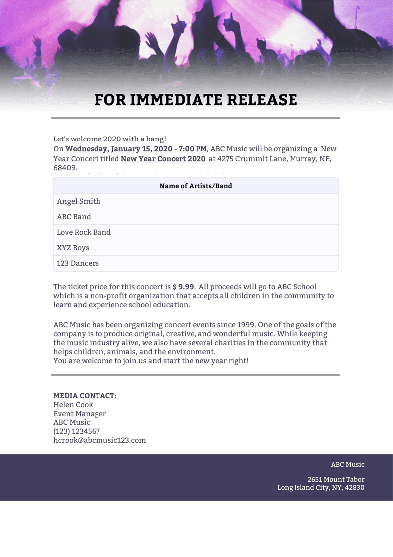 Concert Press Release Template PDF Templates Jotform