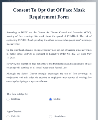 Consent To Opt Out Of Face Mask Requirement Form Template | Jotform