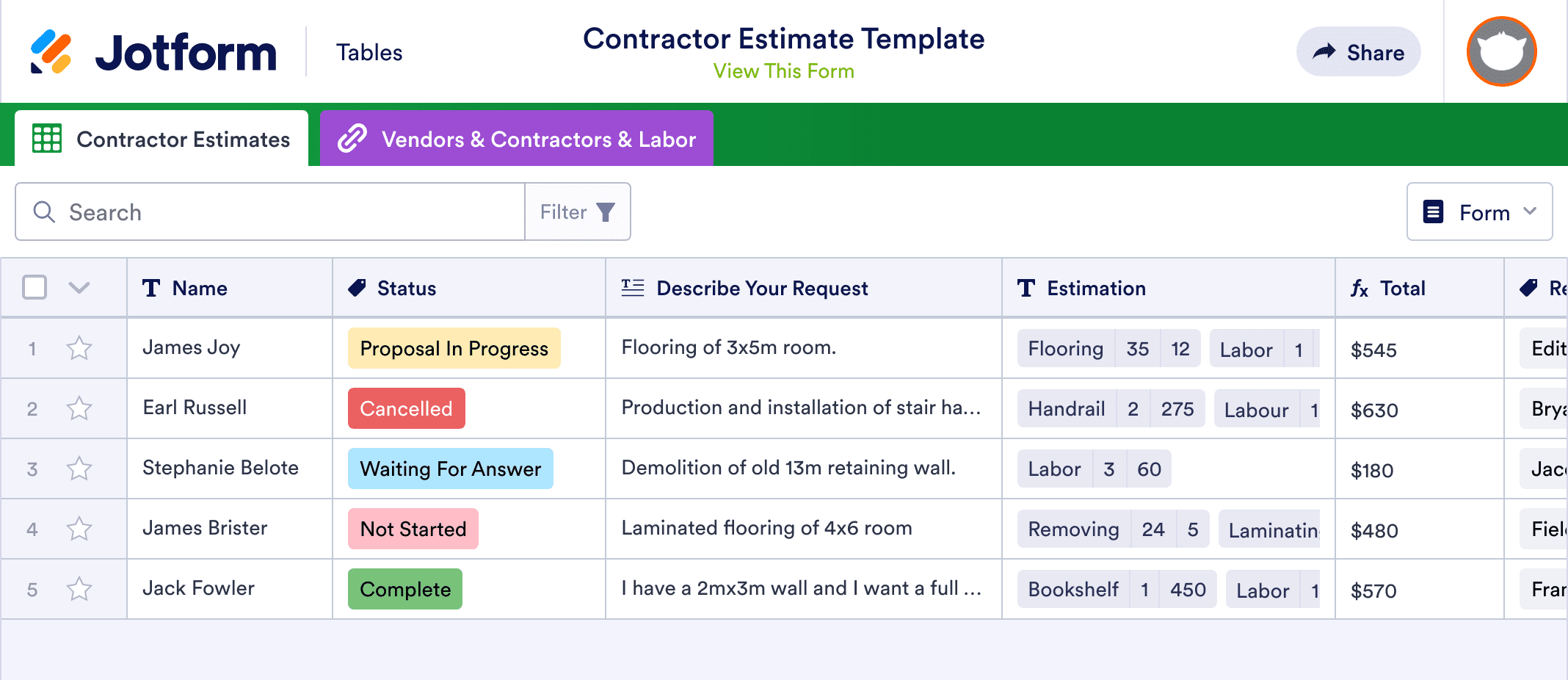 Contractor Estimate Template | Jotform Tables