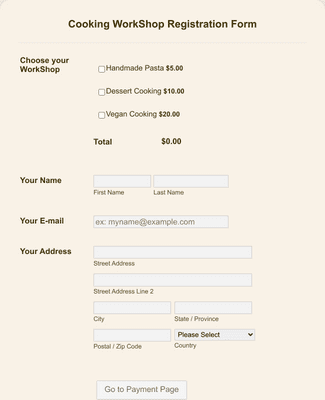 Cooking WorkShop Registration Form PayPal Standard Form Template | Jotform