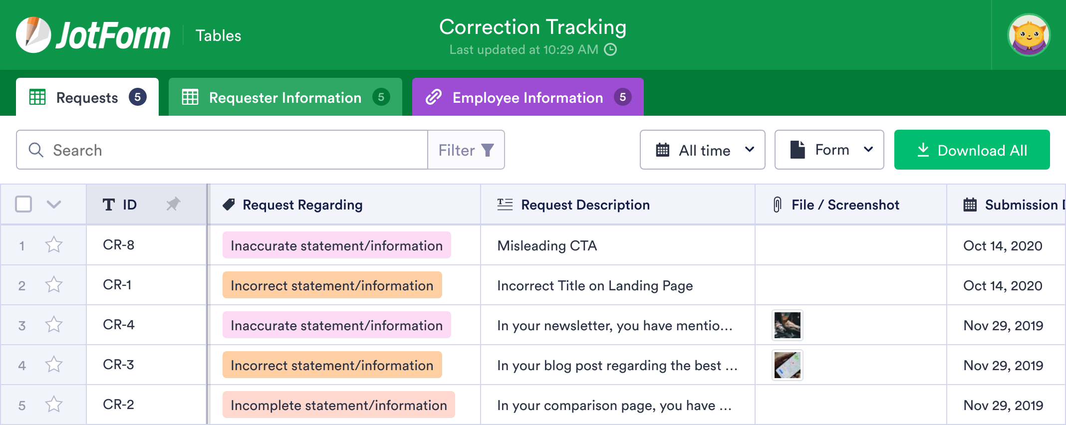 Correction Tracking Template | JotForm Tables