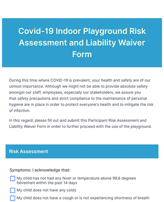 Covid-19 Indoor Playground Risk Assessment and Liability Waiver Form ...