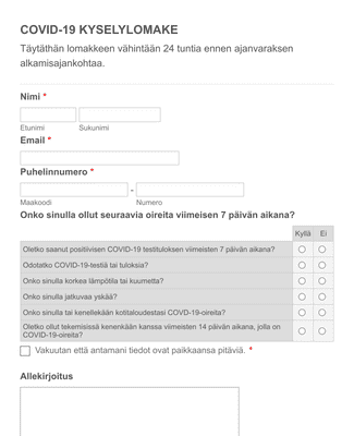 COVID-19 Kyselylomake Lomakepohja | Jotform