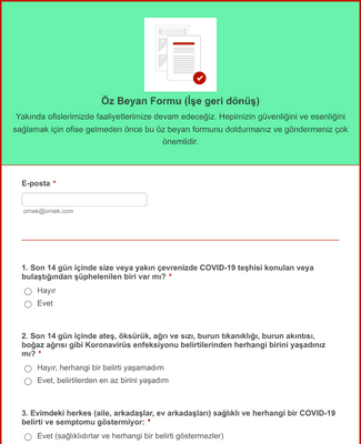 COVID-19 Öz Beyan Form Şablonu | Jotform