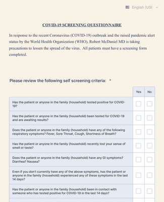 COVID-19 Patient Screening Questionnaire Form Template | Jotform