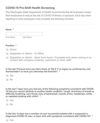 COVID-19 Pre-Shift Health Screening - TEMPLATE ONLY Form Template | Jotform