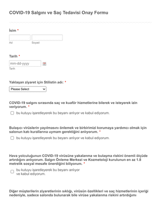 COVID-19 Salgını ve Saç Tedavisi Onay Form Şablonu | Jotform