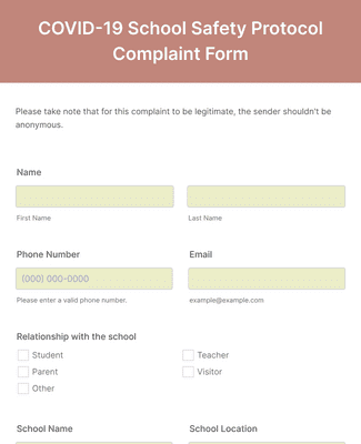 COVID-19 School Safety Protocol Complaint Form Template | Jotform
