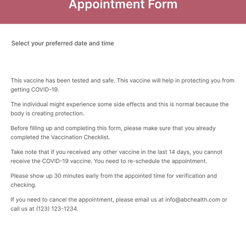 COVID-19 Vaccine First Dose Appointment Form Template | Jotform