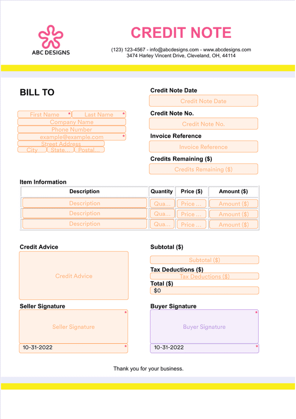 Credit Note Template - Sign Templates | Jotform