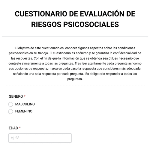 CUESTIONARIO DE EVALUACIÓN DE RIESGOS PSICOSOCIALES Plantilla de formulario | Jotform