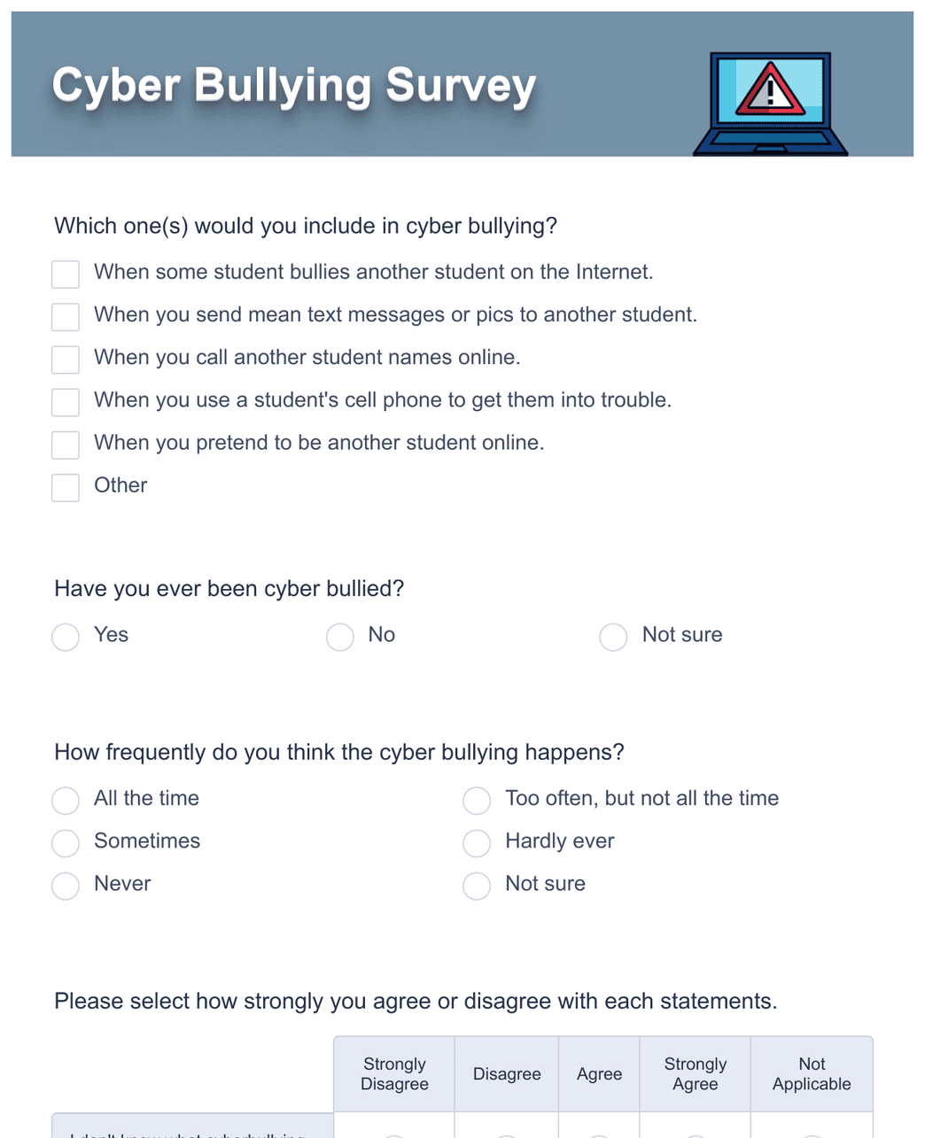 Cyberbullying and Online Aggression Survey Form Template | Jotform