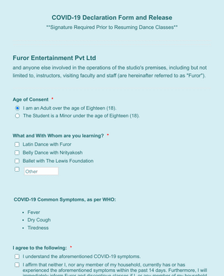 Dance Studio COVID-19 Release Form Template | Jotform