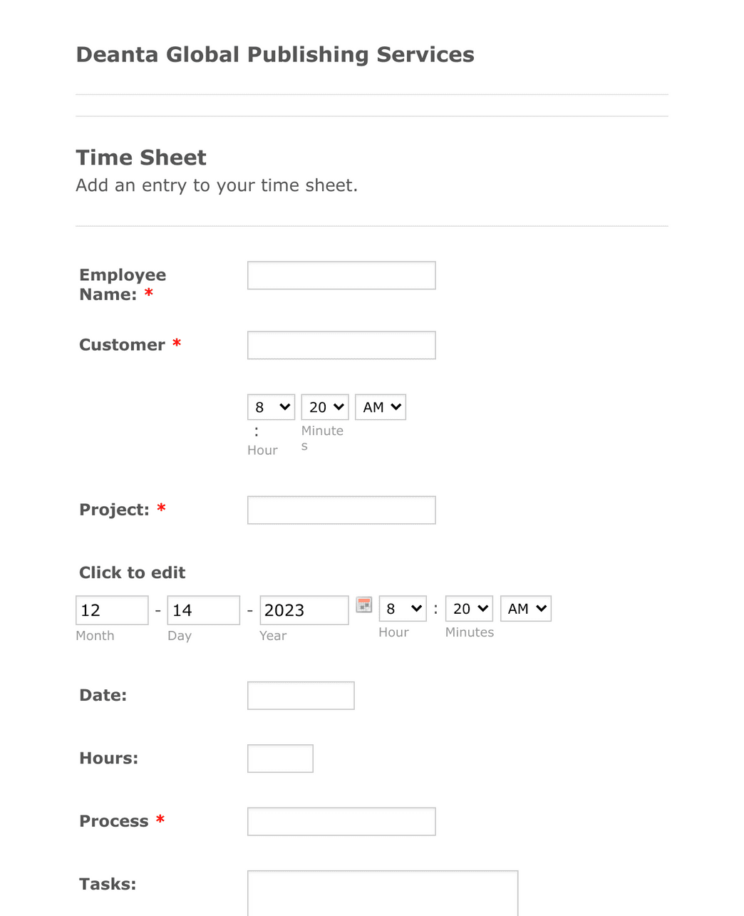 Deanta Emplyoee Time Sheet Form Template | Jotform
