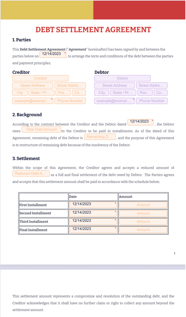Debt Settlement Agreement Template