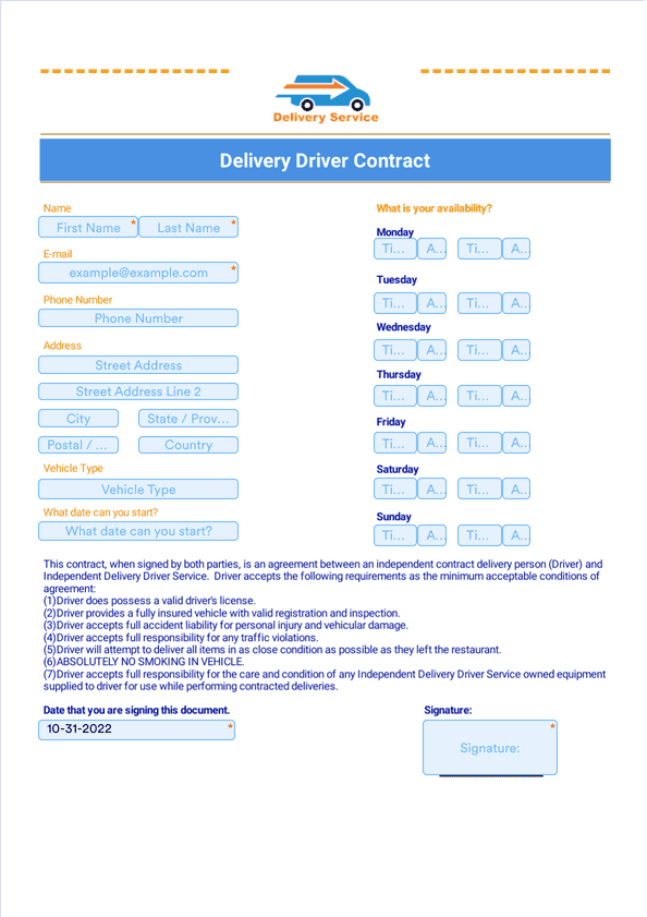 Delivery Driver Contract - Sign Templates | Jotform