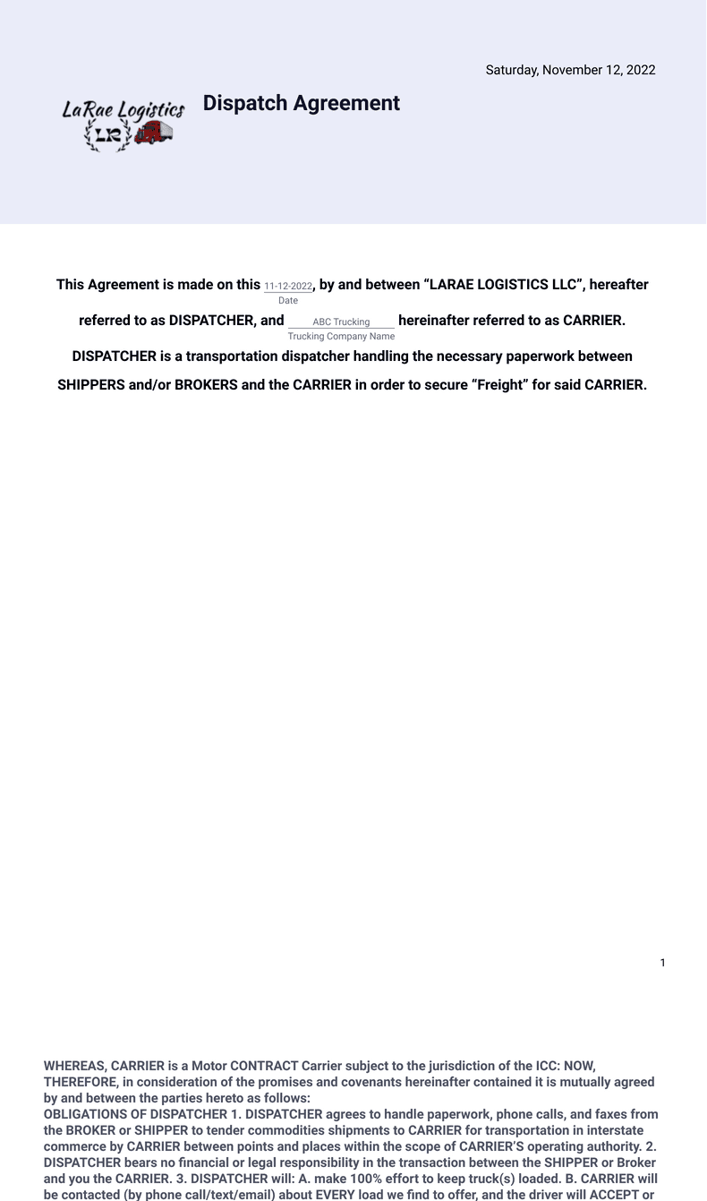 Dispatch Agreement PDF PDF Templates Jotform