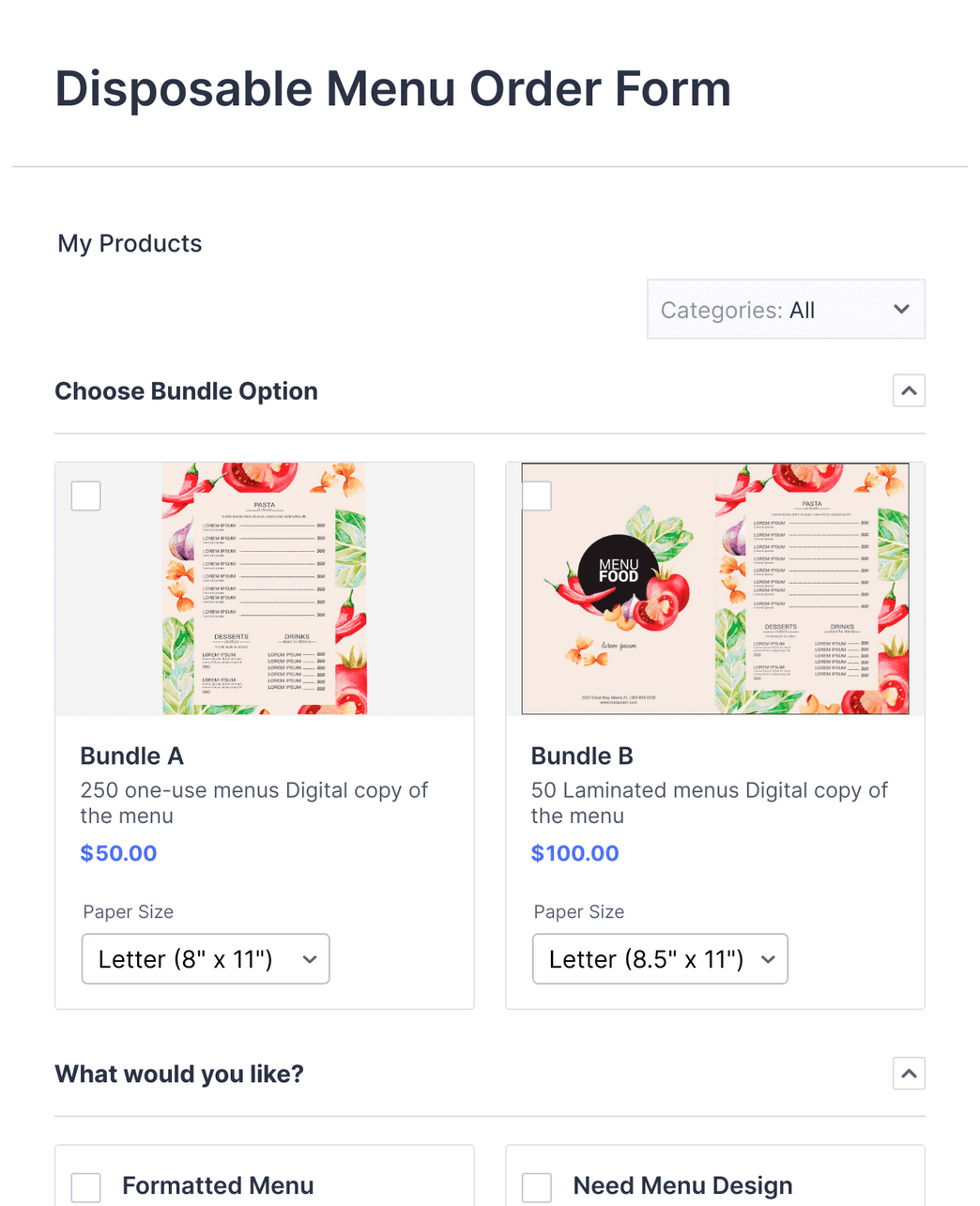 Disposable Menu Order Form Template | Jotform
