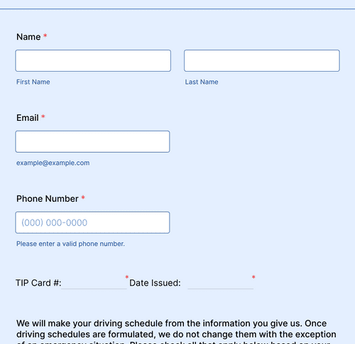 Driving Availability Form Template | Jotform