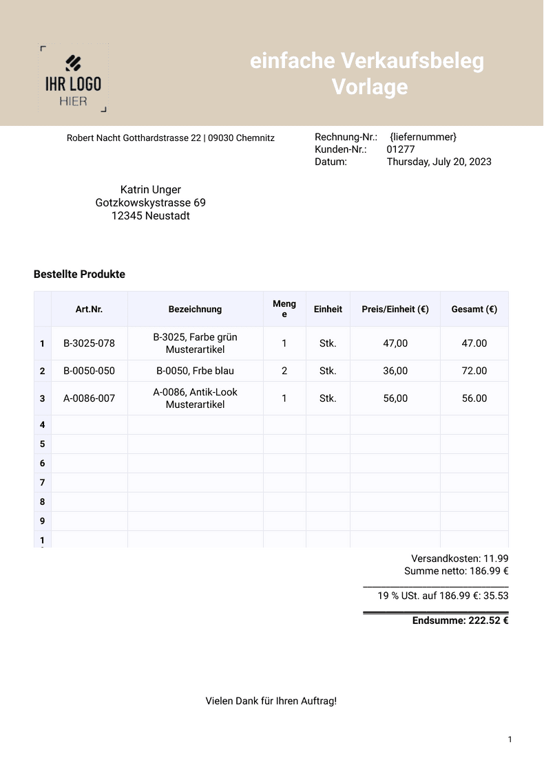 Einfache Verkaufsbeleg Vorlage - PDF-Vorlagen | Jotform