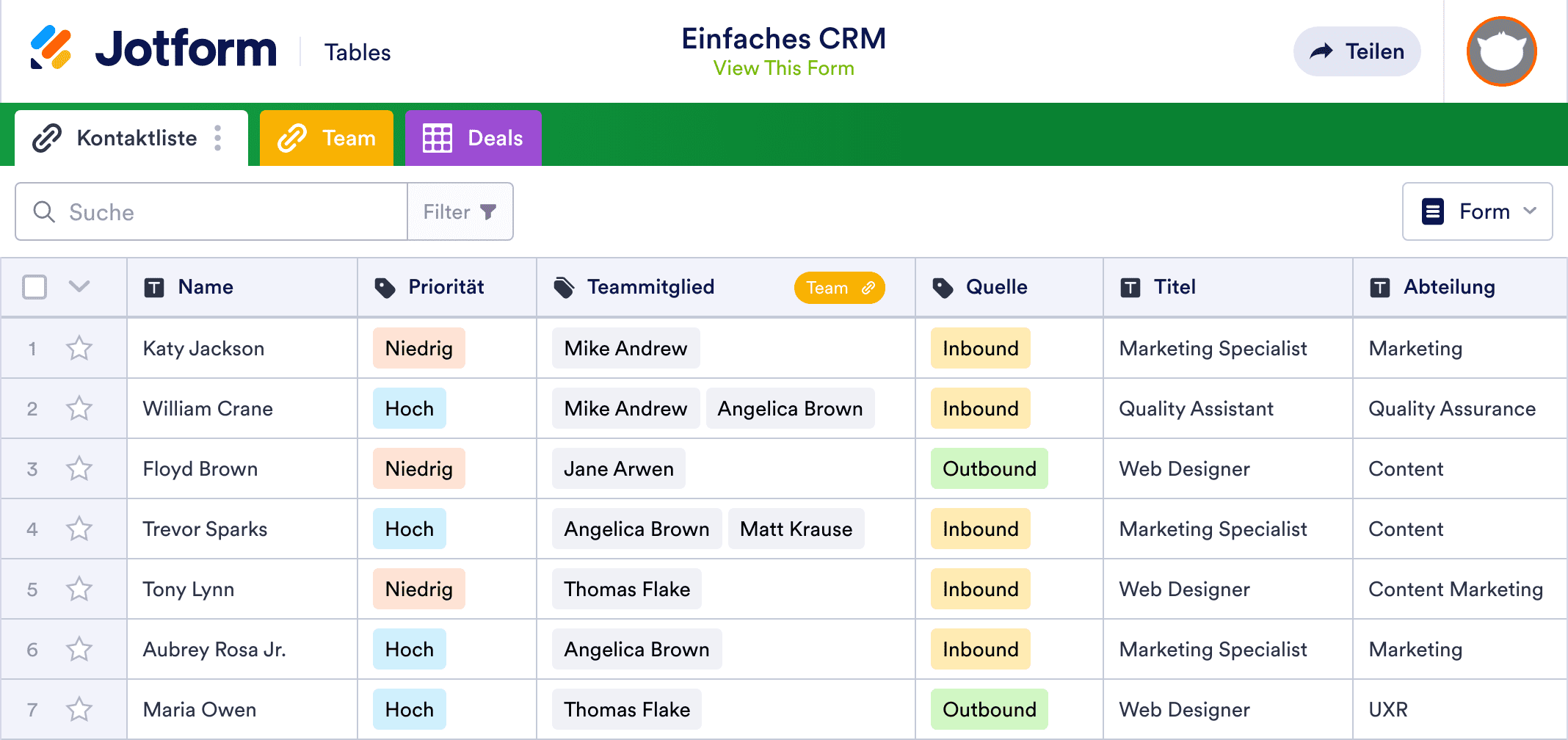 Einfaches CRM Vorlage | Jotform Tables