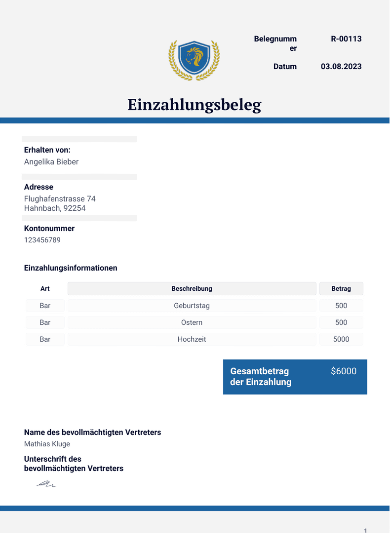 Einzahlungsbeleg - PDF-Vorlagen | Jotform