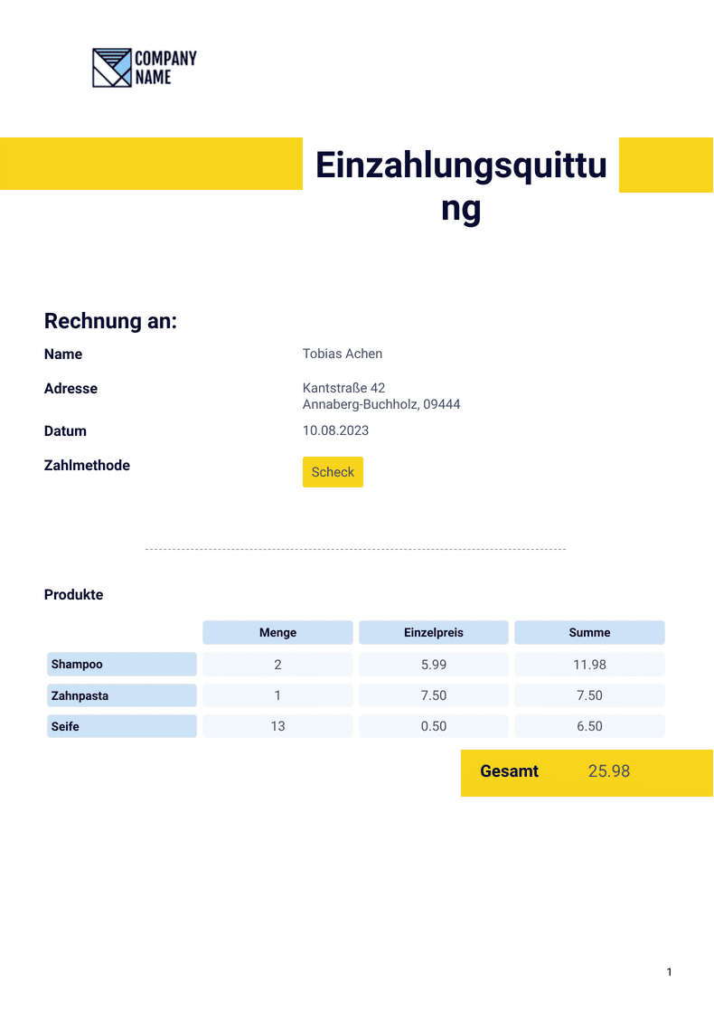 Einzahlungsquittung Vorlage - PDF-Vorlagen | Jotform