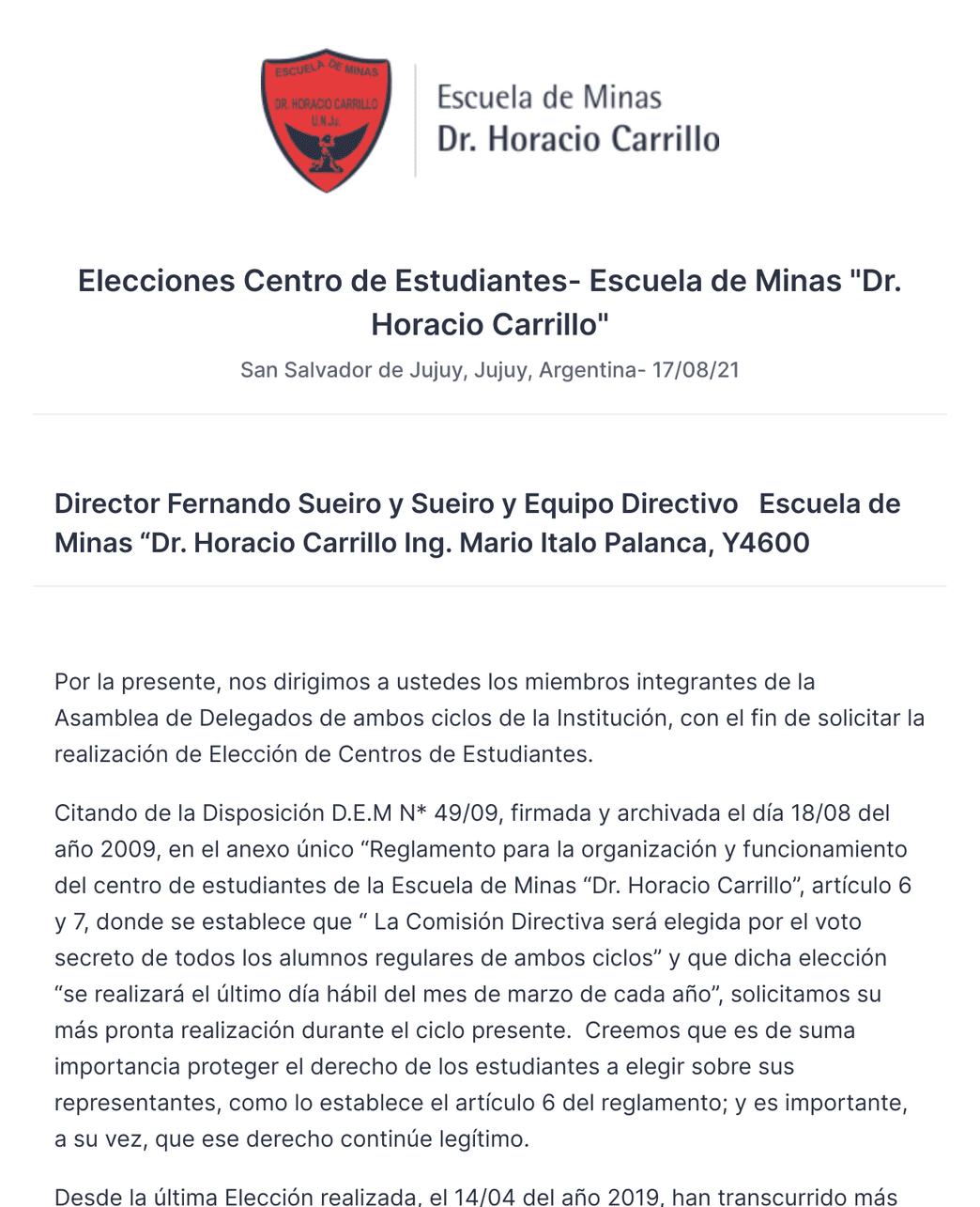 Elecciones Centro de Estudiantes- Escuela de Minas "Dr. Horacio ...