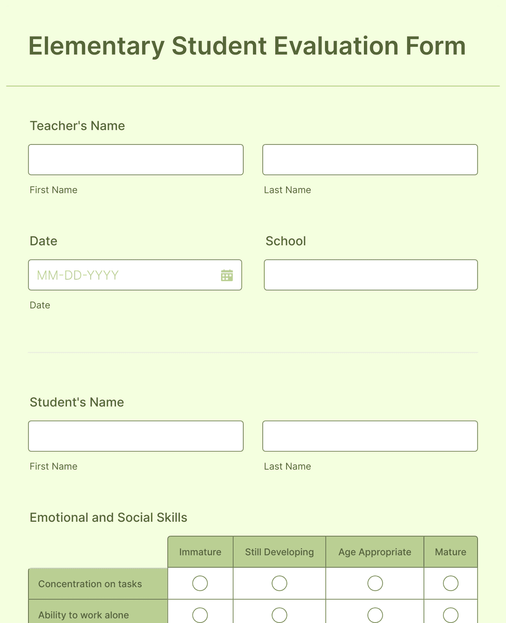 Elementary Student Evaluation Form Template | Jotform