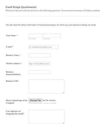 Email Design Questionnaire Form Template | Jotform