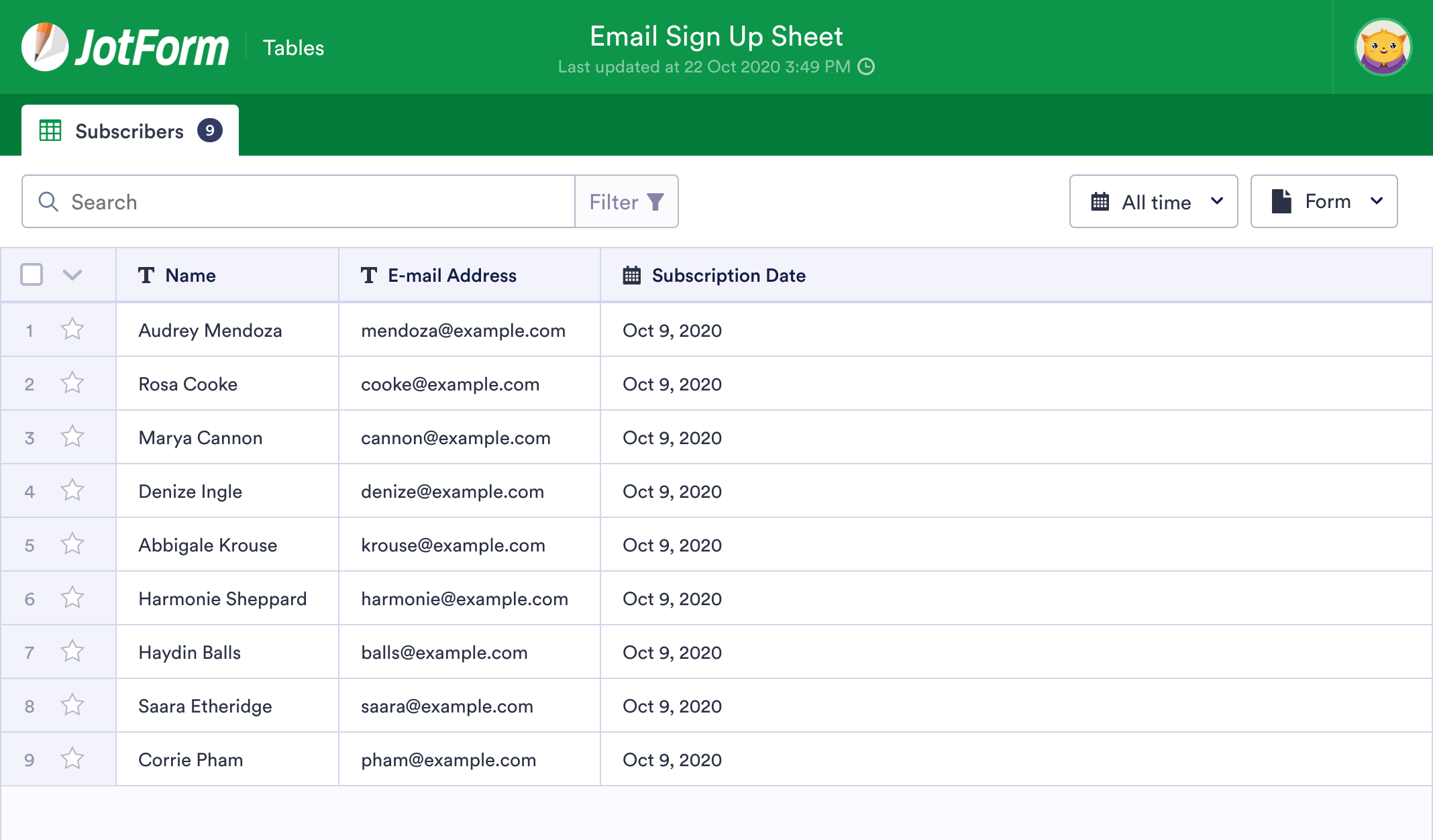Email Sign Up Sheet Template JotForm Tables Email Sign Up Sheet Template JotForm Tables