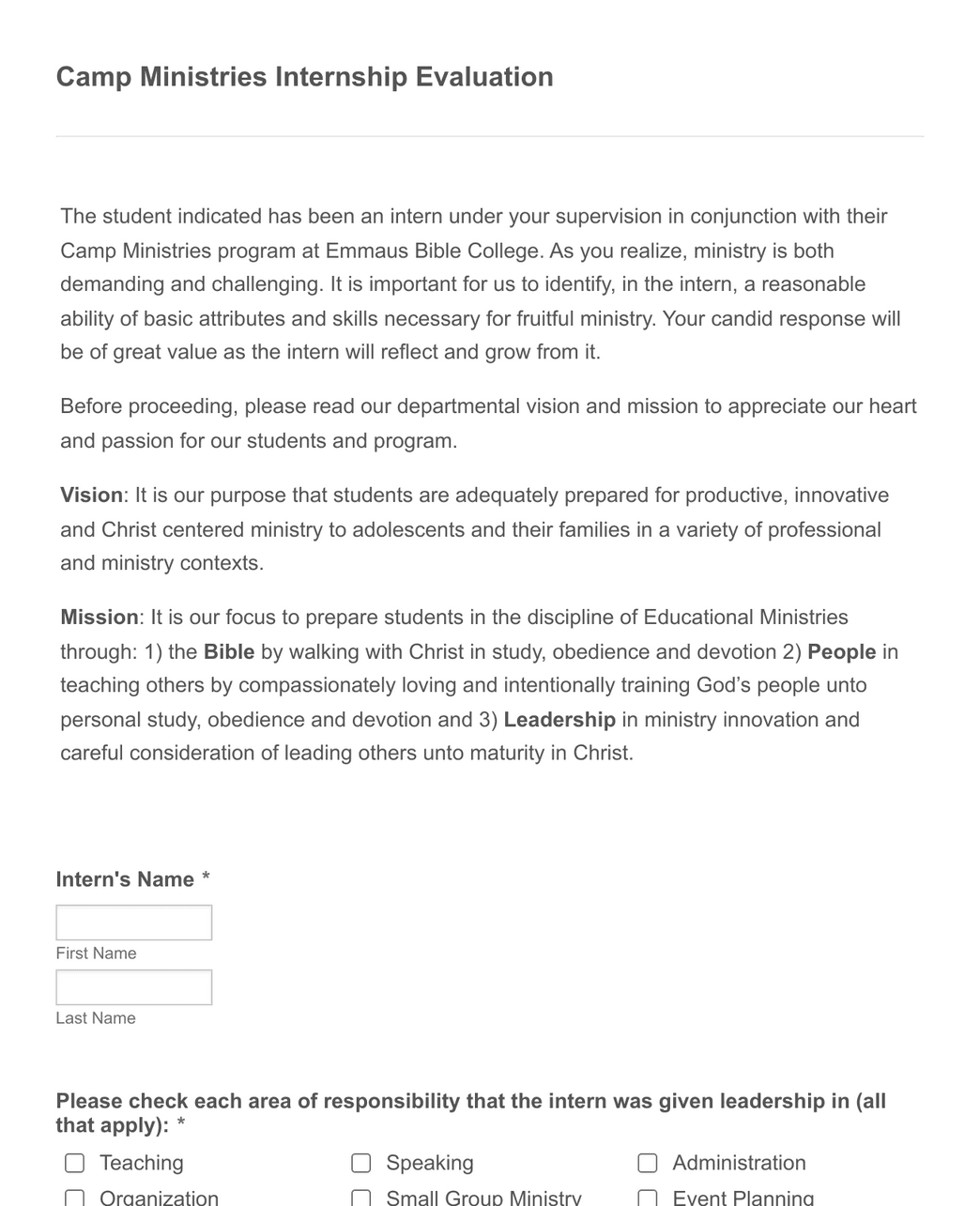 Emmaus Bible College Camp Ministries Internship Evaluation Form Template | Jotform