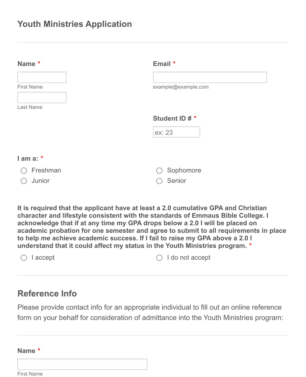 Emmaus Bible College Youth Ministries Application Form Template | Jotform