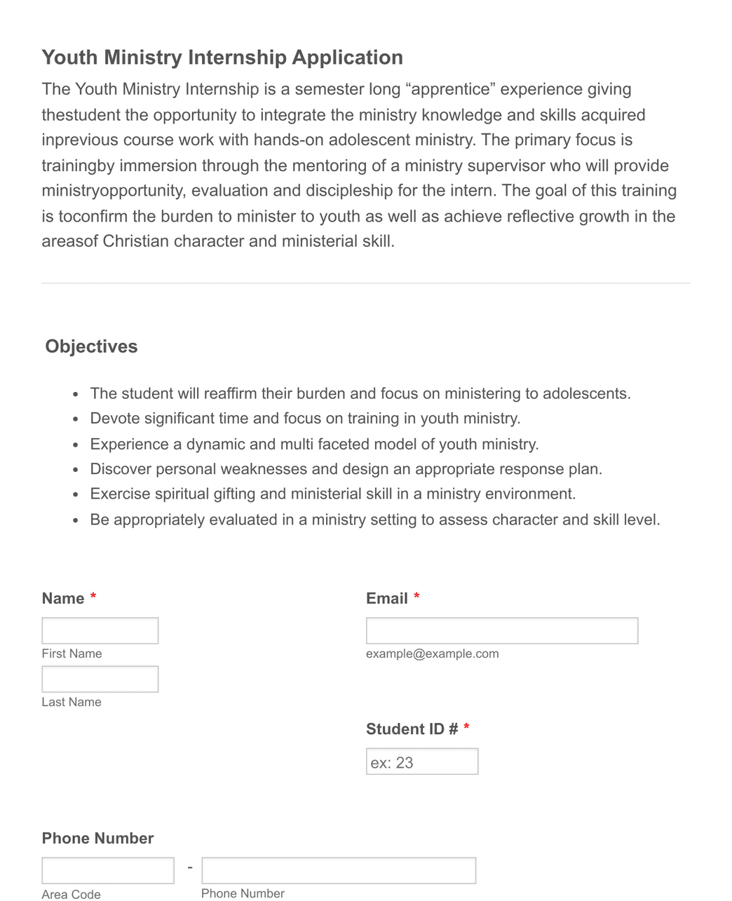 Emmaus Bible College Youth Ministry Internship Application Form ...