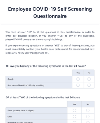 Employee COVID-19 Self Screening Questionnaire Form Template | Jotform