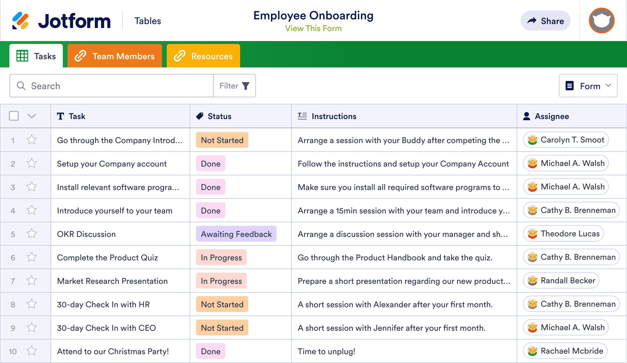 Employee Onboarding Template | Jotform Tables
