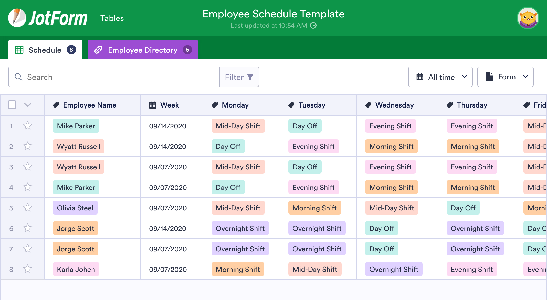 Employee Schedule Template | JotForm Tables