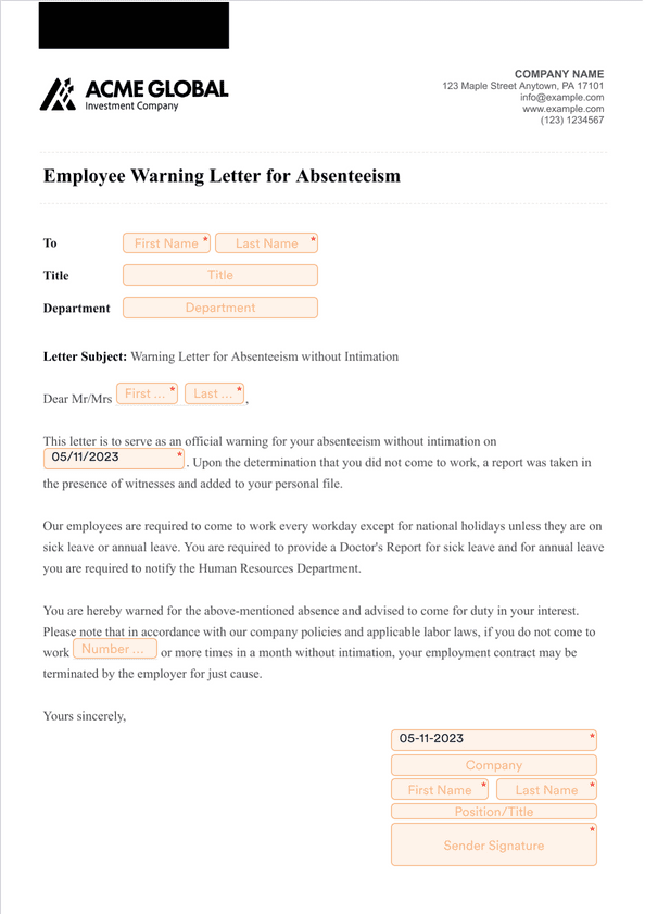 Employee Warning Letter Template For Absenteeism Sign Templates Jotform
