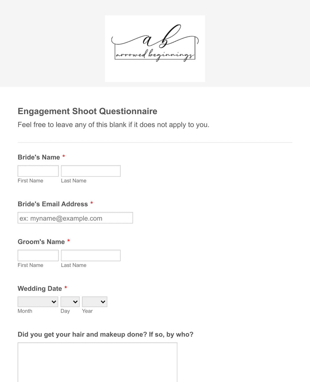 Engagement Shoot Questionnaire Form Template | Jotform