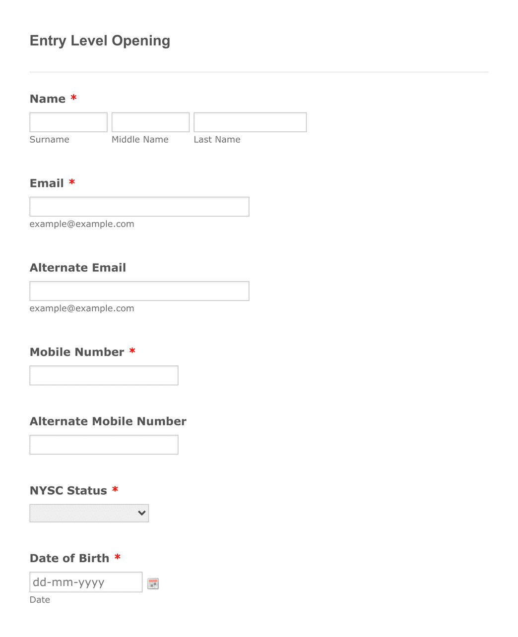 Entry Level Opening Form Template | Jotform