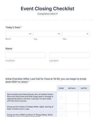 Event Closing Checklist Form Template | Jotform