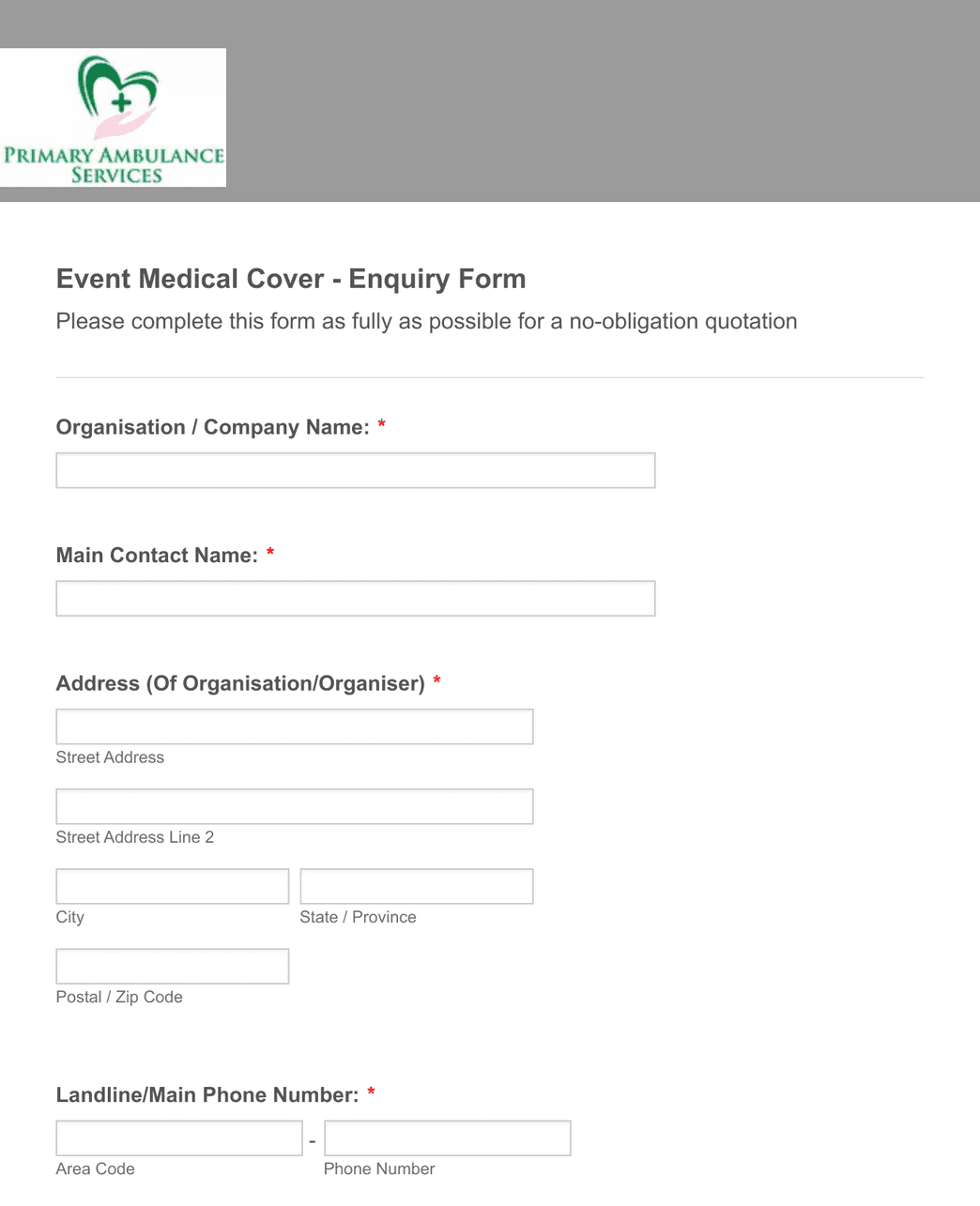 Event Medical Cover - Enquiry Form - Primary Ambulance Services Form ...