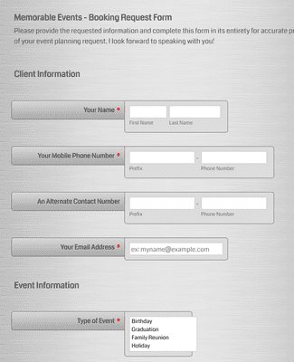 Event Request Form *Memorable Events Form Template | Jotform
