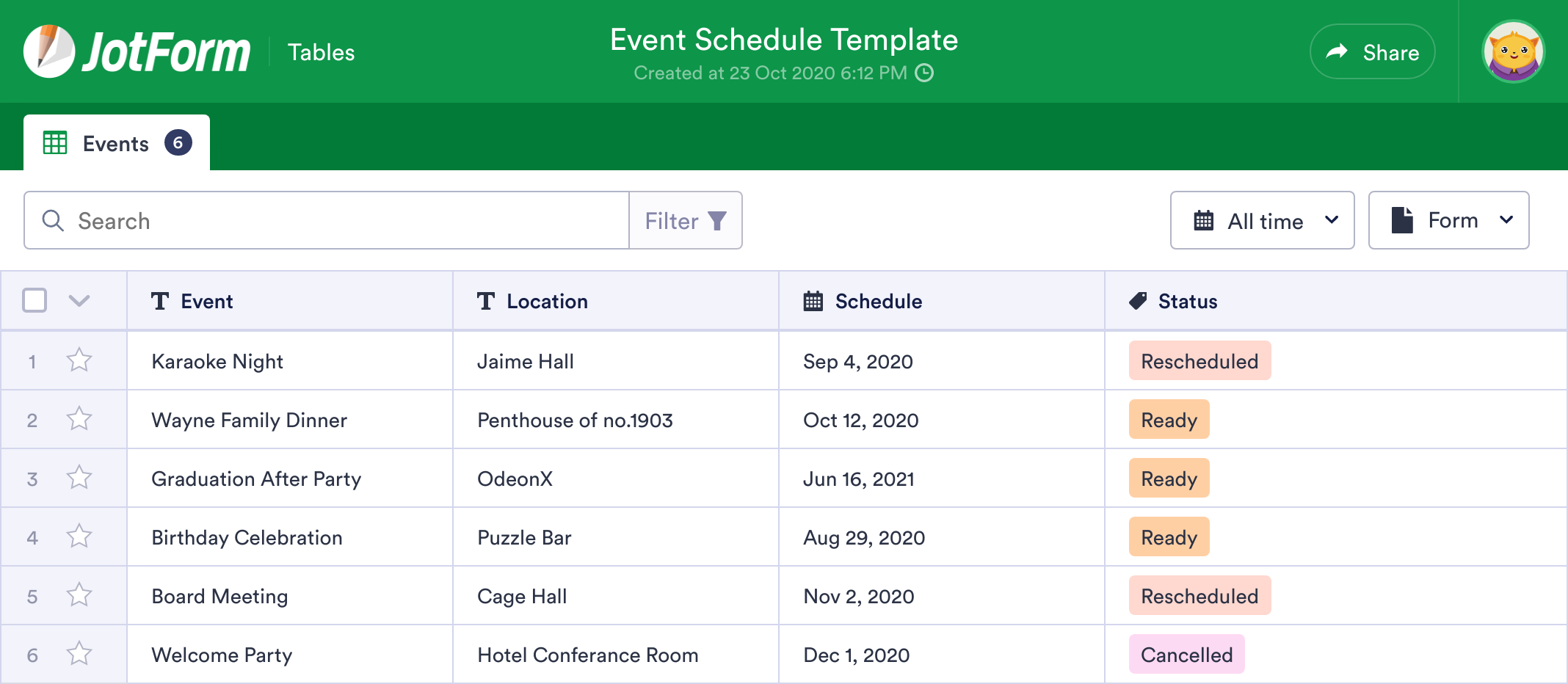 Event Schedule Template JotForm Tables