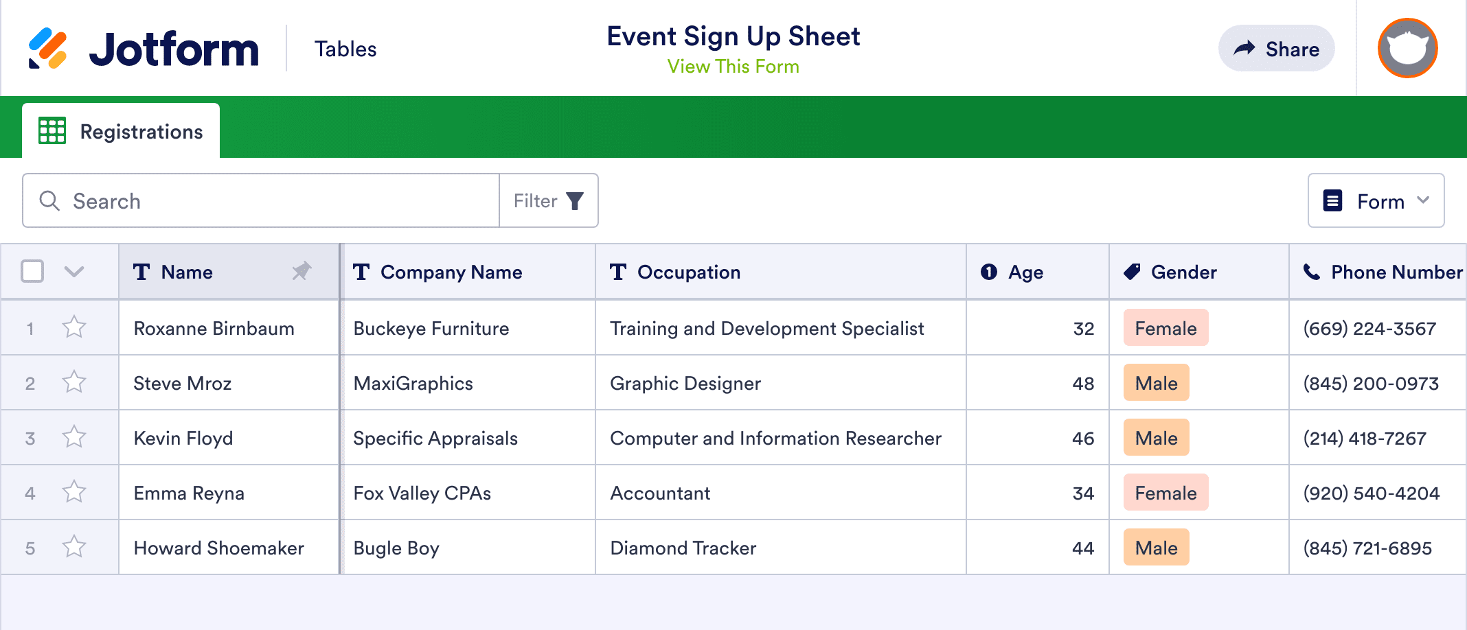 Event Sign Up Sheet Template | Jotform Tables