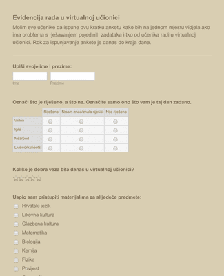 Evidencija rada u virtualnoj učionici 7 a Form Template | Jotform